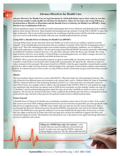 Advanced Medical Directives Fact Sheet — Human Life Alliance